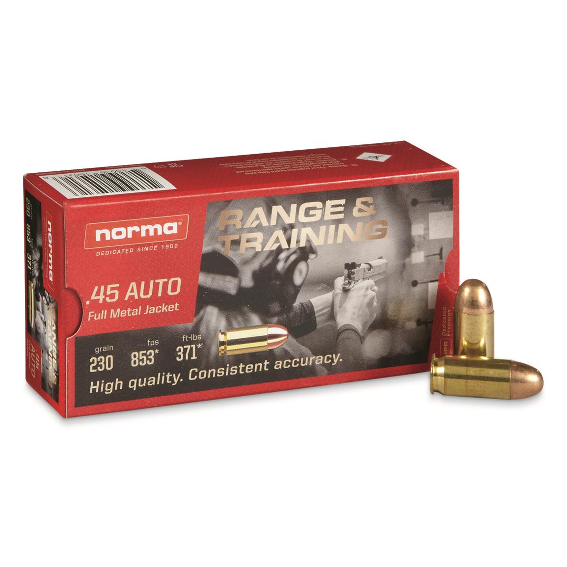 Norma Range Training 45 ACP FMJ 230 Grain 50 Rounds 719690 Norma Range Training 45 ACP FMJ 230 Grain 50 Rounds 719690