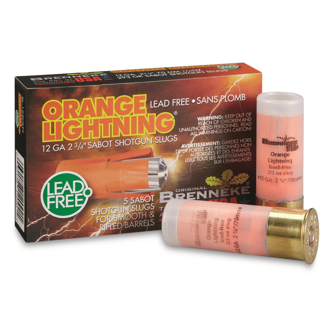 Brenneke Orange Lightning, 12 Gauge, 2 3/4", 2/3 oz. Lead-Free Sabot ...